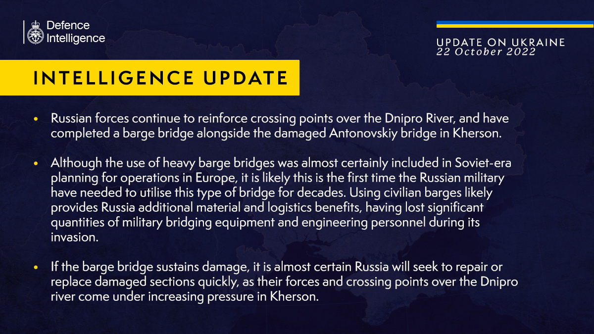 British Defence Intelligence Update Ukraine – 22 October 2022 - Kyiv ...